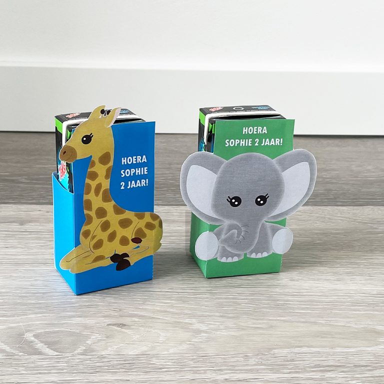 Traktatie wikkel voor pakjes drinken, printable – olifantje en girafje ...